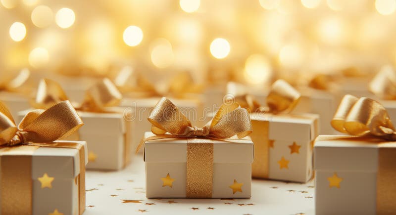 White Boxes with Yellow Bows Grouped Together Stock Photo - Image of ...