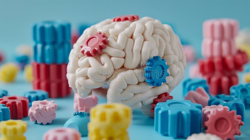 White Brain Toy with Red and Blue Gears Surrounded by Colorful Blocks ...