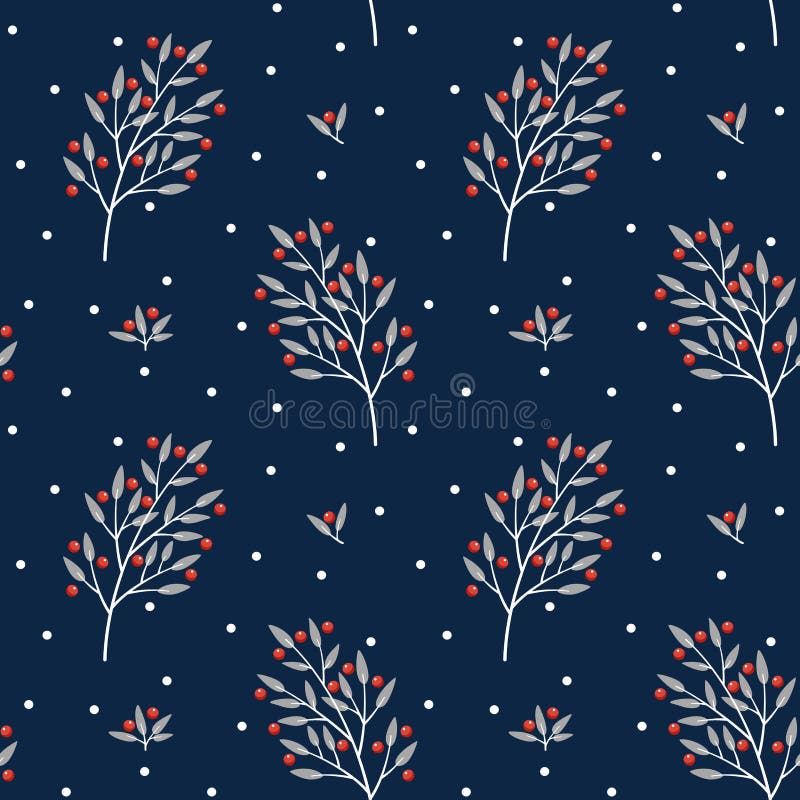 White Branches with Red Winter Berries on a Dark Blue Background ...