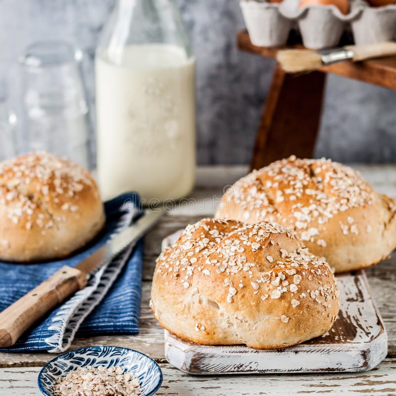 White Bread Buns with Rolled Oats Stock Image - Image of healthy ...