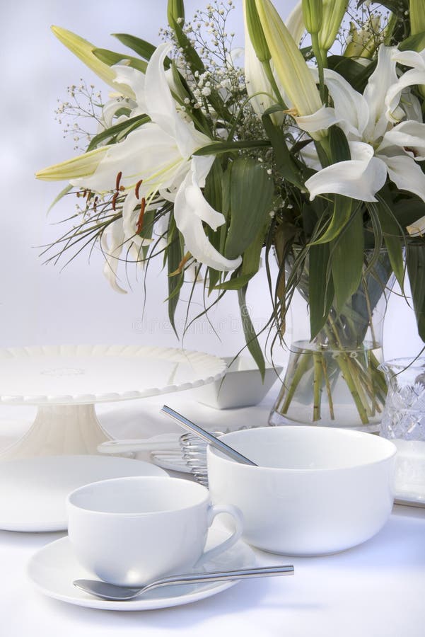 White Breakfast Table Setting with Lily Flowers Stock Image - Image of ...