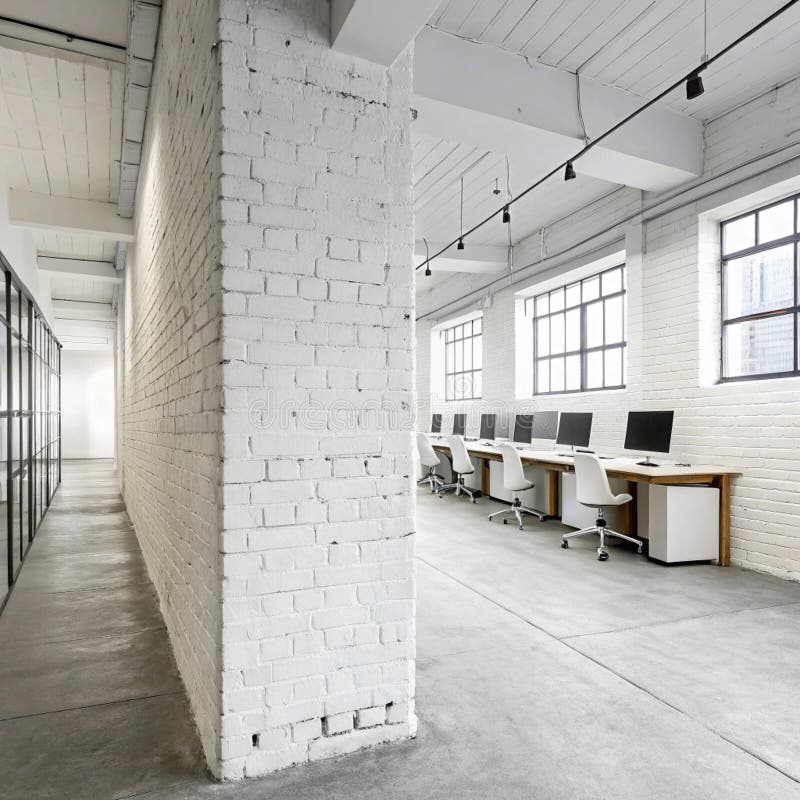 White Brick Office with Computer Desks Stock Photo - Image of layout ...