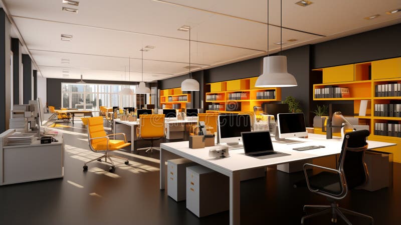 White Brick Open Space Office Interior with a Concrete Floor, a Blank ...
