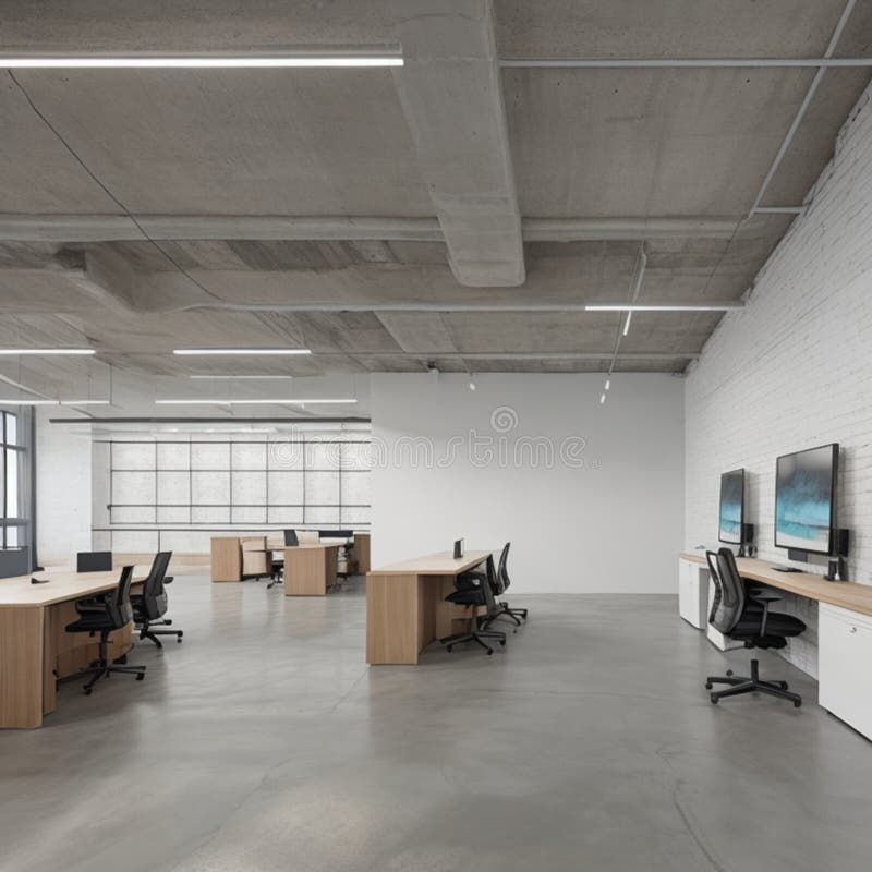 White Brick Open Space Office Interior with a Concrete Floor, a Blank ...