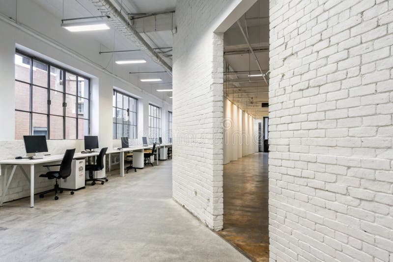 White Brick Open Space Office with Computer Desks Stock Illustration ...