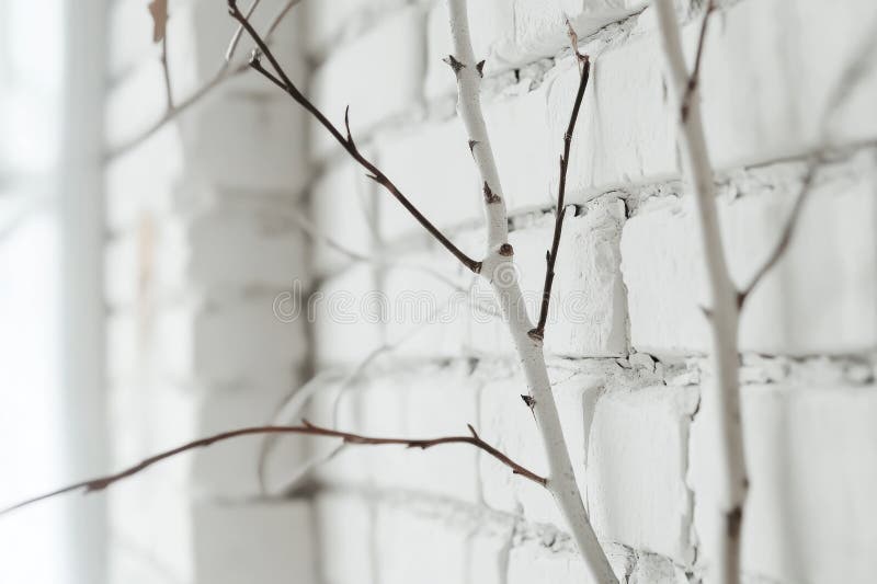 A White Brick Wall with a Tree Branch Lying Across the Top Stock Photo ...