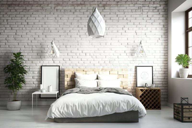 White Brick Walls in a Loft Style Bedroom Stock Illustration ...