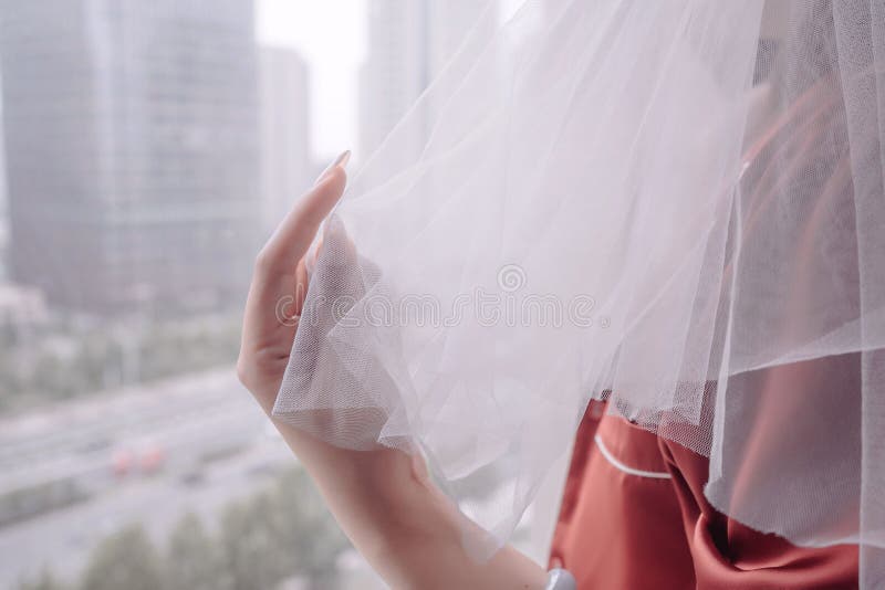 White Bridal Veil on a Woman Standing at the Window Stock Photo - Image ...