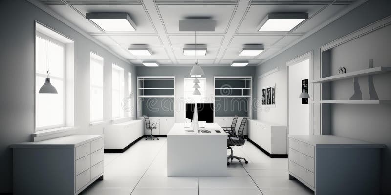 White and Bright Office Workplace Interior Design Stock Image - Image ...