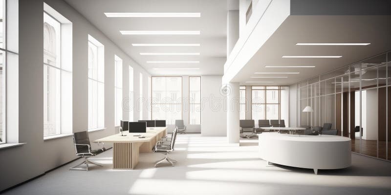 White and Bright Office Workplace Interior Design Stock Image - Image ...