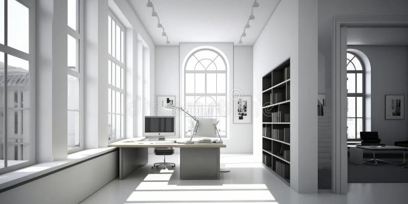White and Bright Office Workplace Interior Design Stock Image - Image ...