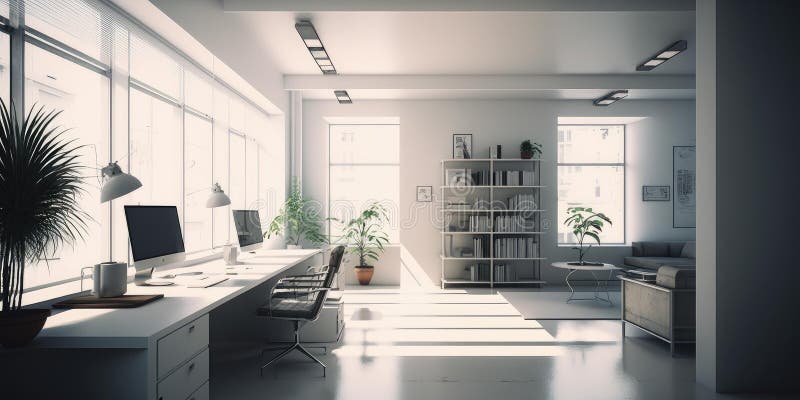 White and Bright Office Workplace Interior Design Stock Photo - Image ...