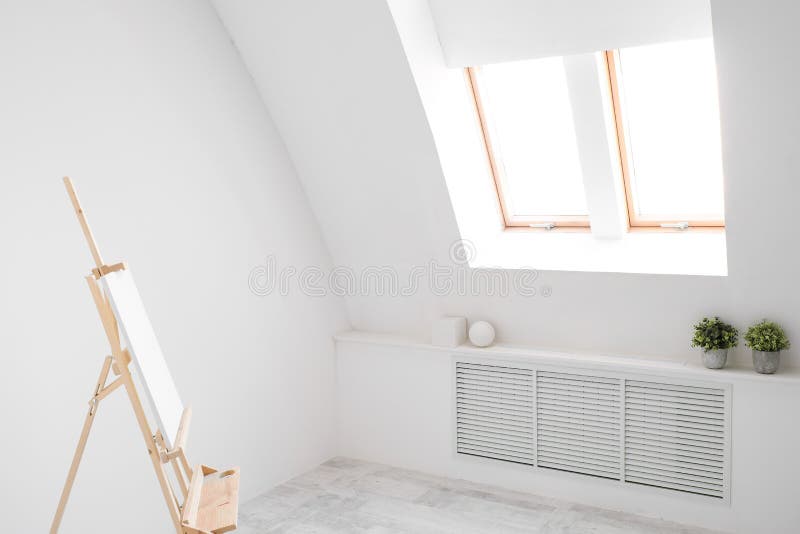 White and Bright Studio with a Window. Workspace of the Artist. Easel ...