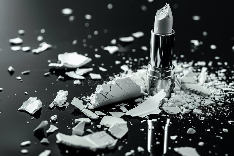 White Broken Lipstick and Shattered Powder on Reflective Black Surface ...