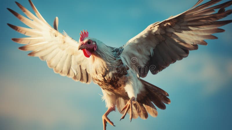 A White and Brown Chicken Flying through a Blue Sky. Generative AI ...