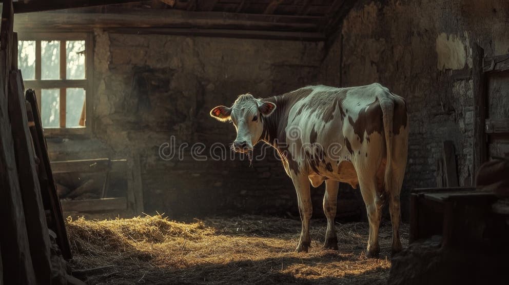 White and Brown Cow in Rustic Barn with Sunbeam Stock Illustration ...