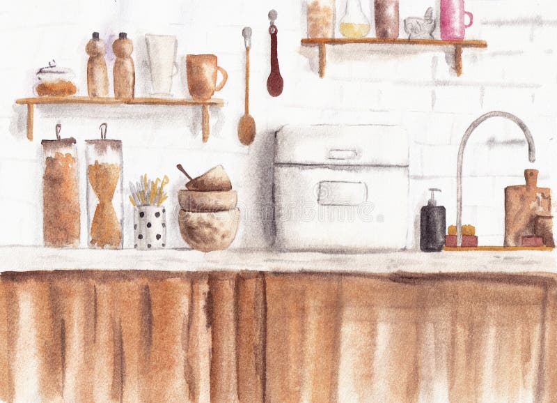 White and Brown Kitchen Counter Watercolor Illustration Stock ...
