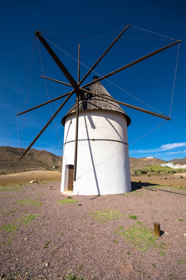 Windmill in a Desert Setting with White and Brown Windmills Stock Image ...