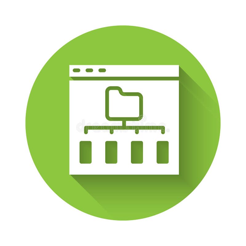 White Browser Files Icon Isolated with Long Shadow. Green Circle Button ...