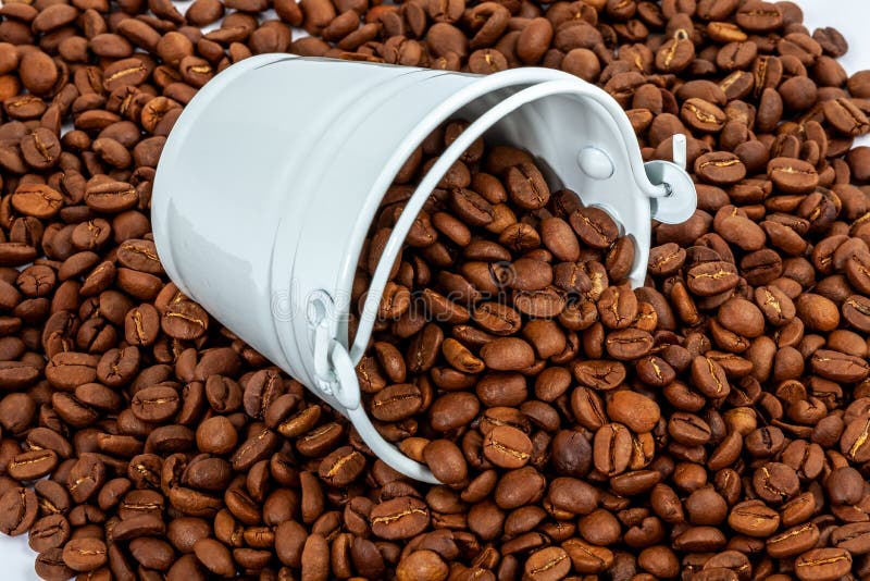 White Bucket in Coffee Beans Stock Photo - Image of columbia ...