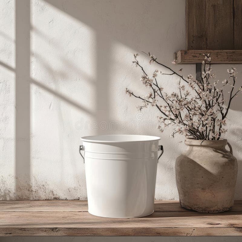 White Bucket and Floral Arrangement on Rustic Shelf Stock Illustration ...