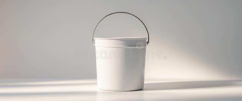 White Bucket on White Surface with Silver Handle and Neutral Background ...