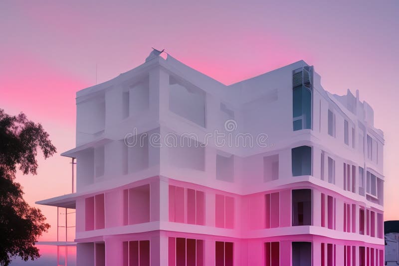 White Building at Dawn, Pink Sunset, Liminal Stock Illustration ...