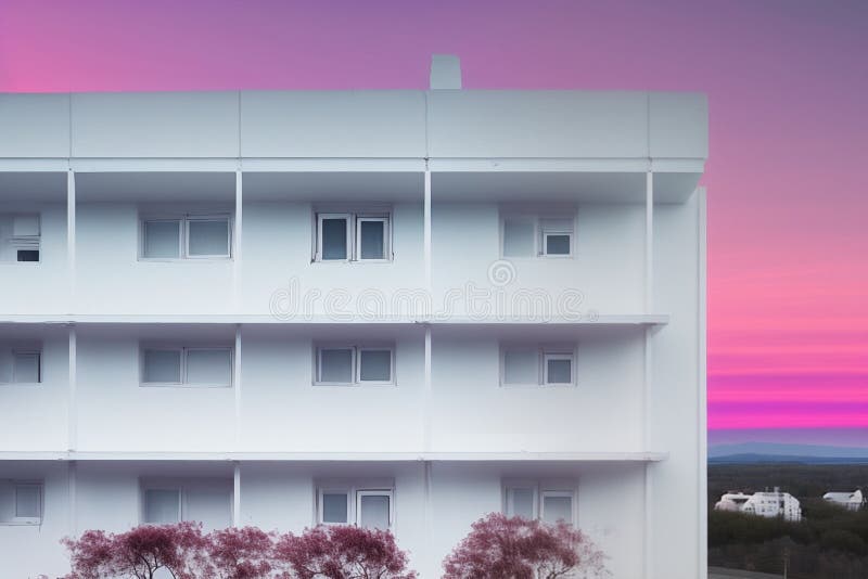 White Building at Dawn, Pink Sunset, Liminal Stock Illustration ...