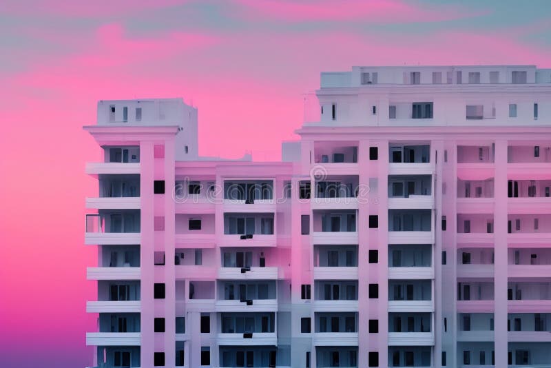 White Building at Dawn, Pink Sunset, Liminal Stock Illustration ...