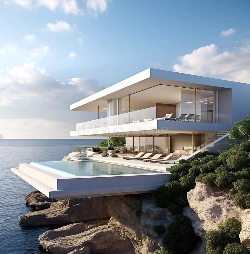 A White Building House in the Shore Sea View Stock Illustration ...