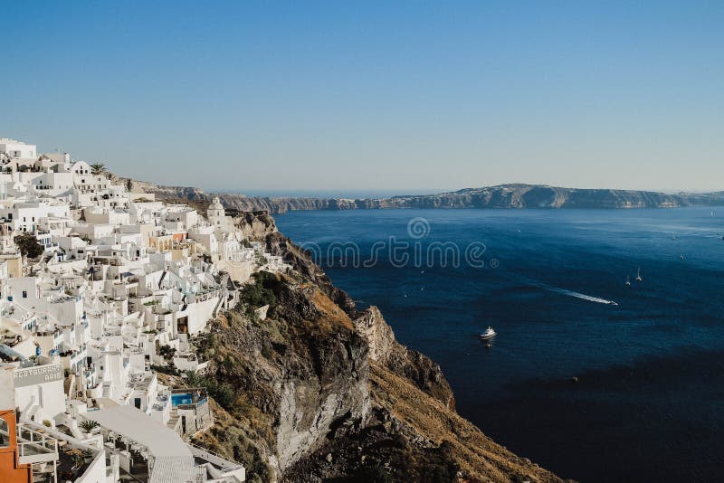Cliffside White Villages and Sea in Santorini Stock Image - Image of ...