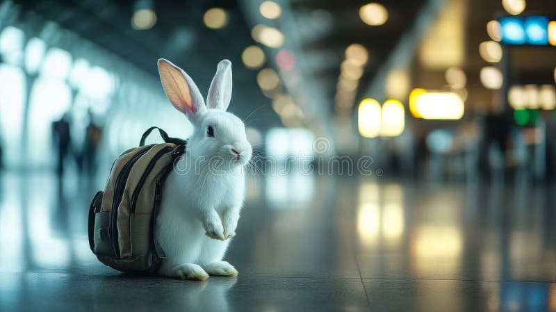 White Bunny with a Backpack in a Modern Airport Stock Photo - Image of ...