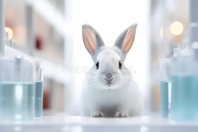 White Bunny in Blurry Laboratory. Animal Testing for Science Stock ...