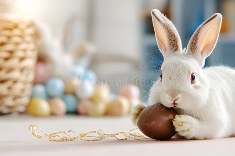 White Bunny with Chocolate Egg and Easter Decorations Stock ...