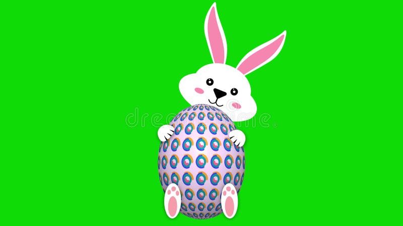 White Bunny with Decorated Easter Egg and Smiley Face on Green Screen ...