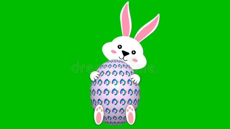 White Bunny with Decorated Easter Egg and Smiley Face on Green Screen ...