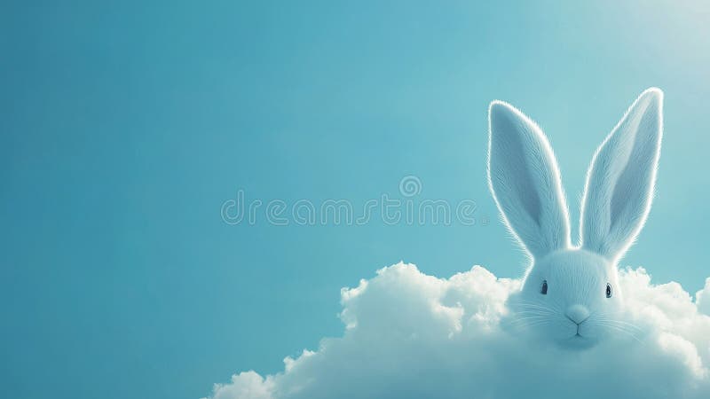 White Bunny Ears Peeking from Fluffy Cloud Under Bright Blue Sky ...
