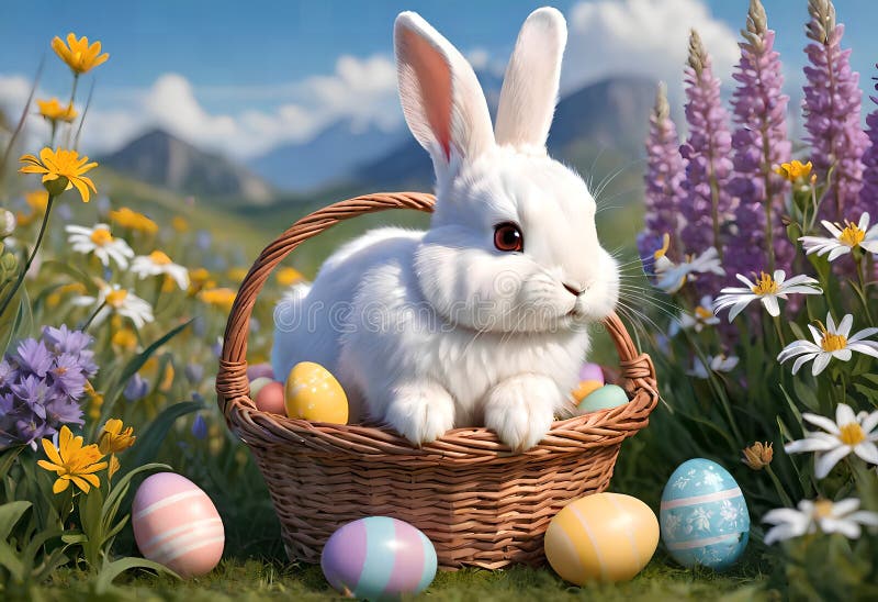 White Bunny with Easter Eggs in Nature. Stock Image - Image of family ...