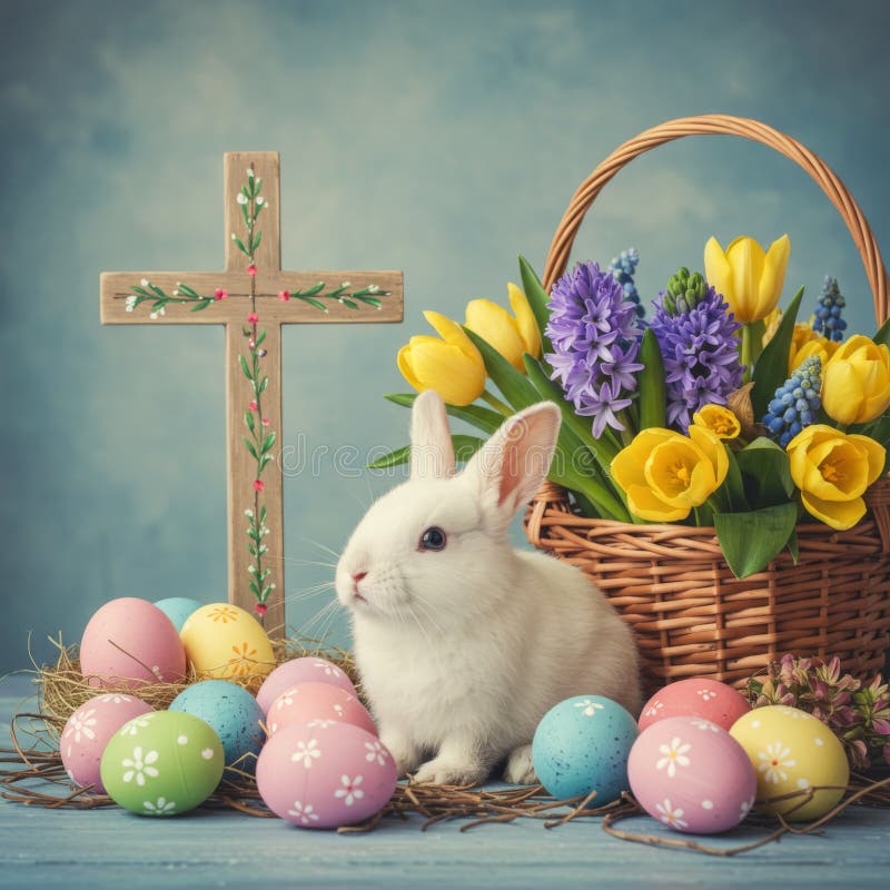 White Bunny with Easter Eggs and Spring Flowers Stock Illustration ...