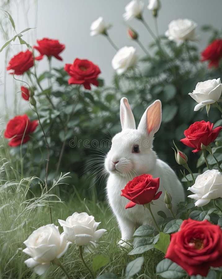 White Bunny Exploring a Garden of White and Red Roses in a Serene ...
