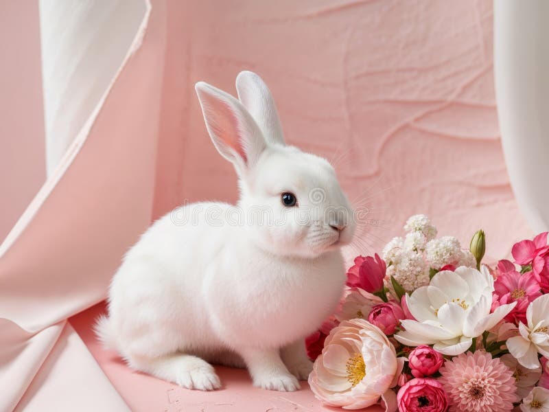 White Bunny with Floral Arrangement on Pink Background. Stock Photo ...