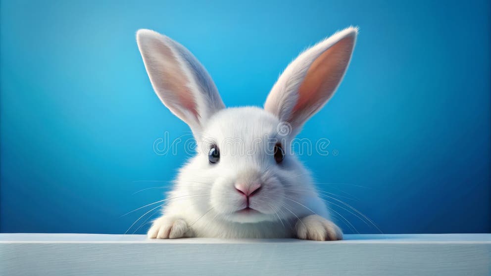 White Bunny Front View, Digital Painting, Blue Background, Easter ...