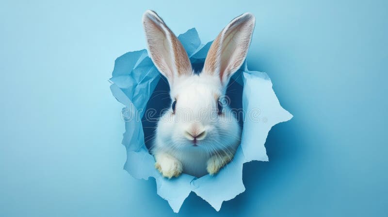 A White Bunny, Full of Curiosity, Peeks through a Light Blue Background ...