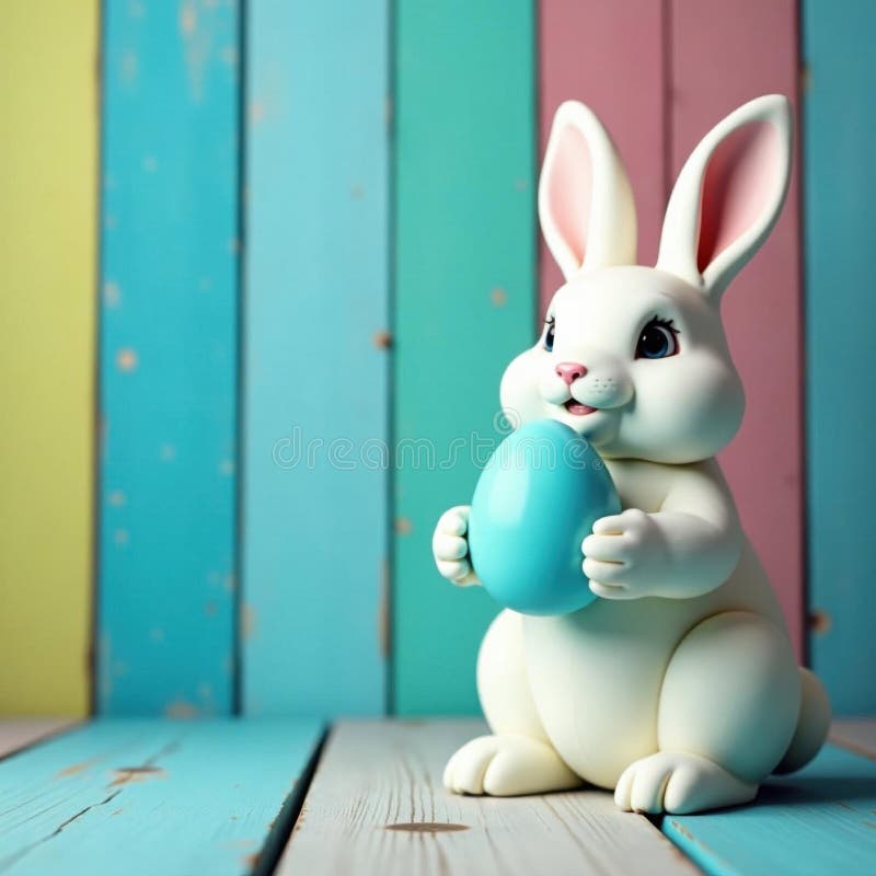 White Bunny Holds Light Blue Easter Egg; Colorful Wood Backdrop ...