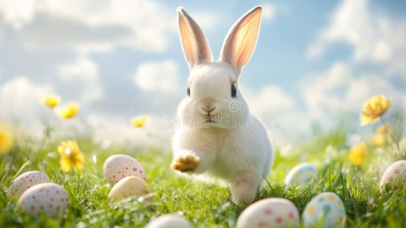 White Bunny Hopping through Spring Flowers and Easter Eggs Stock ...
