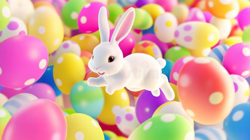 White Bunny Hops Joyfully among Colorful Easter Eggs in Springtime ...
