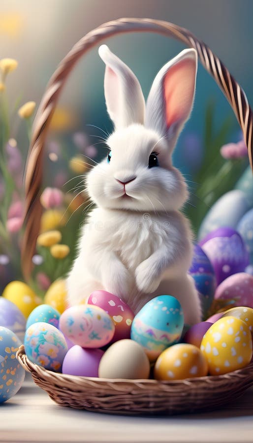 A White Bunny with Large Ears in a Basket Full of Easter Eggs Stock ...