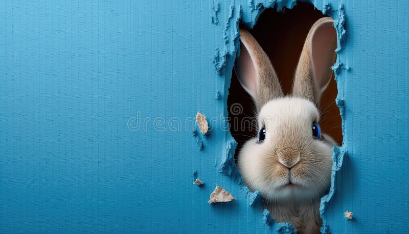 White Bunny Peeking Out of a Hole in a Blue Wall. Easter Rabbit Banner ...