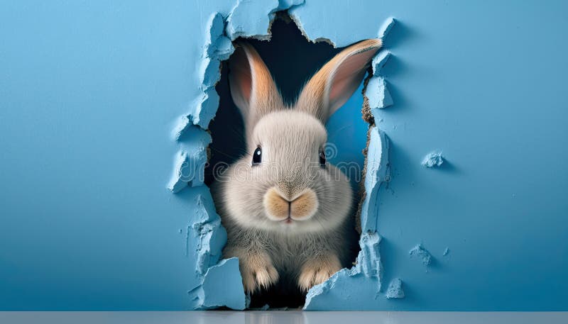 White Bunny Peeking Out of a Hole in a Blue Wall. Easter Rabbit Banner ...