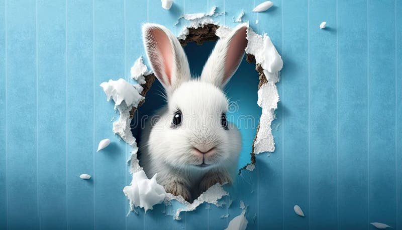 White Bunny Peeking Out of a Hole in a Blue Wall. Easter Rabbit Banner ...